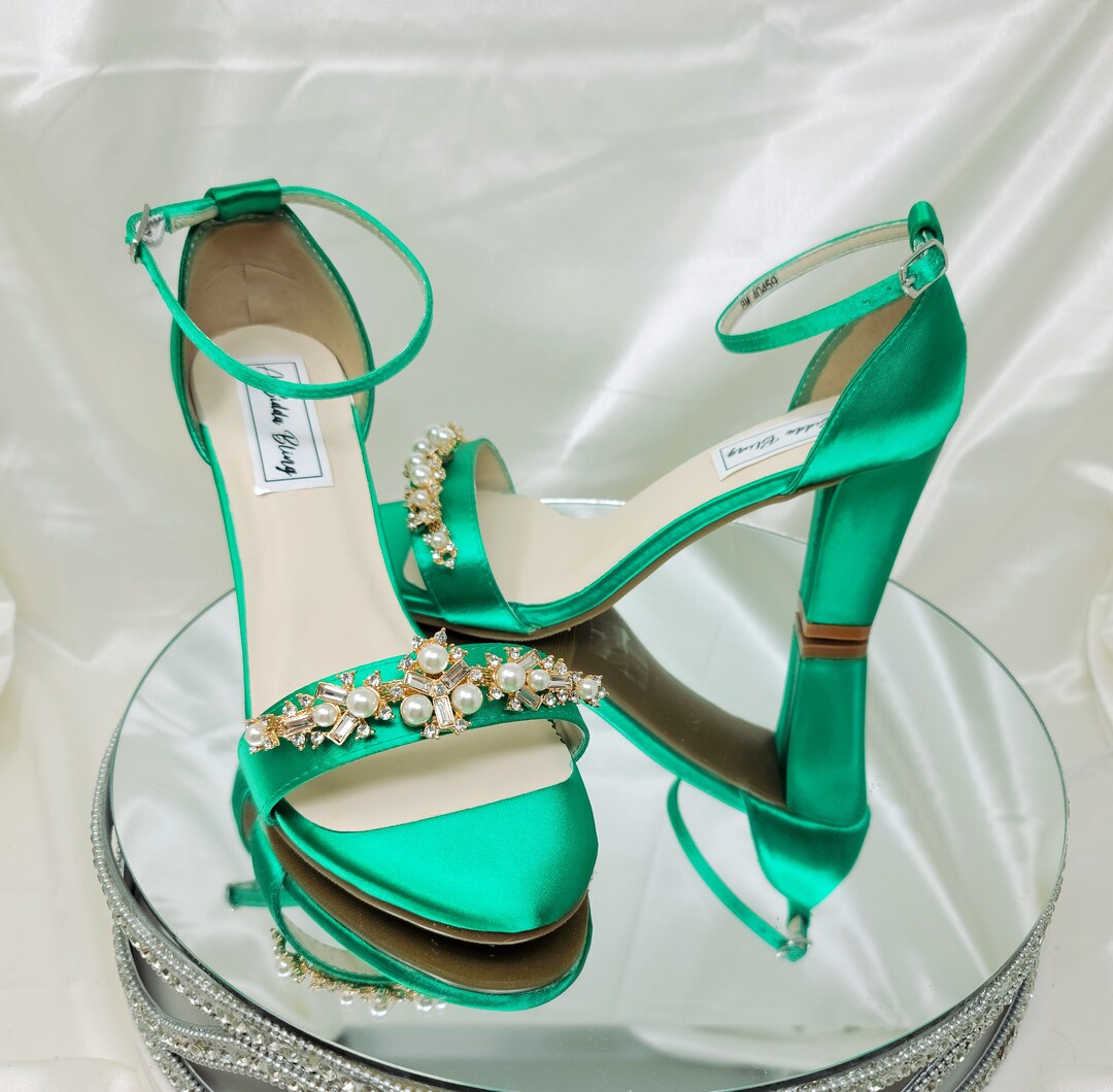 Emerald Green Wedding Shoes Chunky Heels Rose Gold Pearl Design Emerald ...