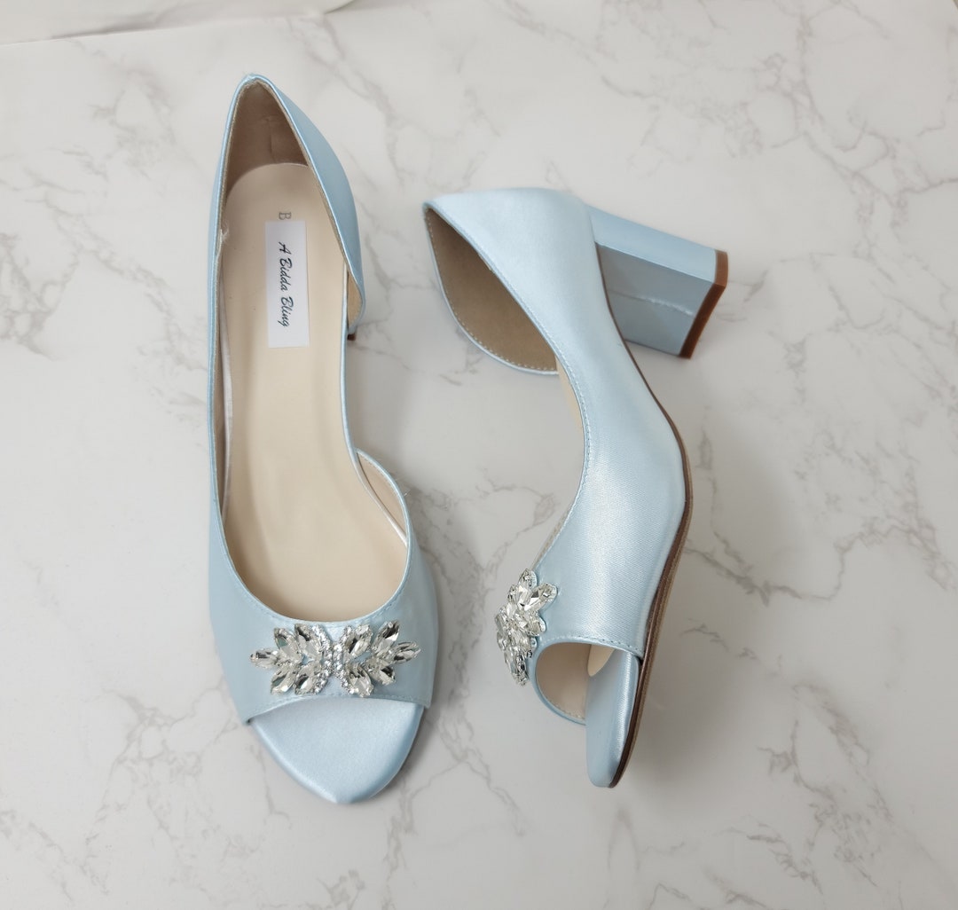 Baby Blue Bridal Shoes Block Heel Sparkling Crystal Applique Baby Blue ...