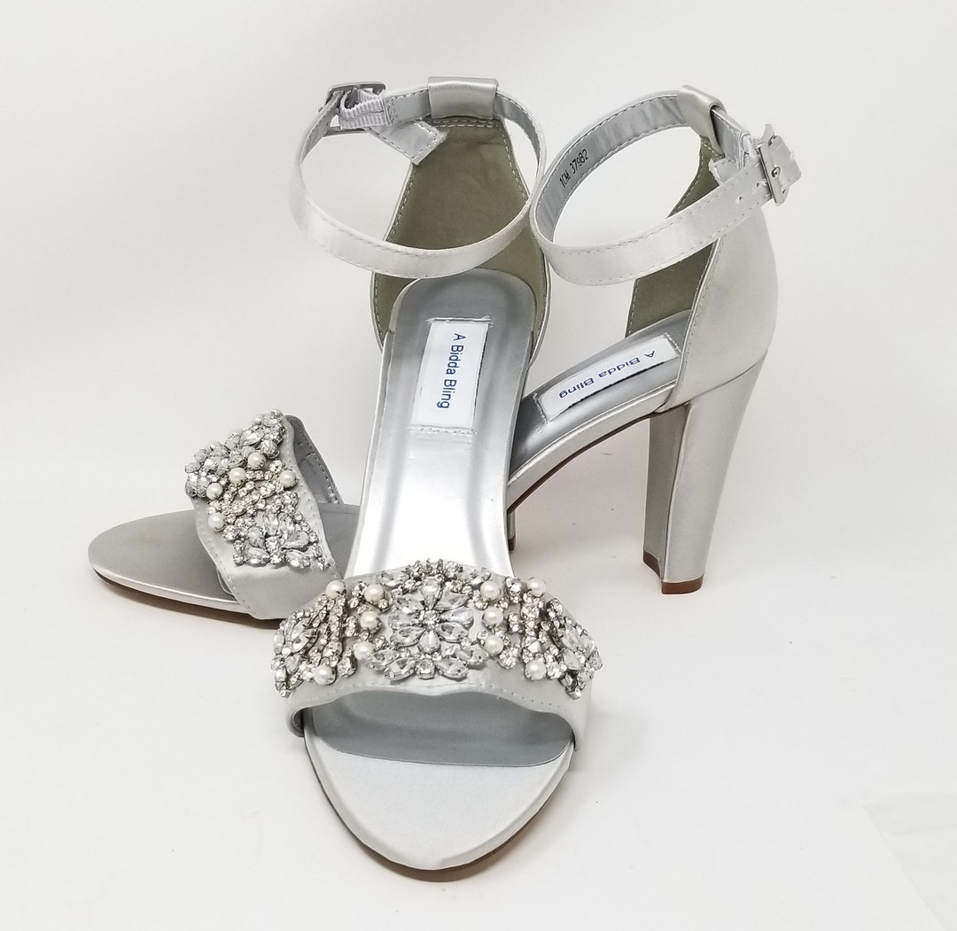 Silver Wedding Shoes With Chunky Heels Crystal and Pearl Design 100 ...