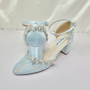 Blue Lace Wedding Shoes Crystal Trim Baby Blue Block Heels Blue Lace ...