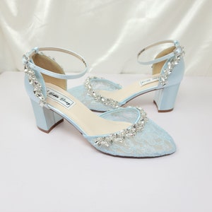 Blue Lace Wedding Shoes Crystal Trim Baby Blue Block Heels Blue Lace ...