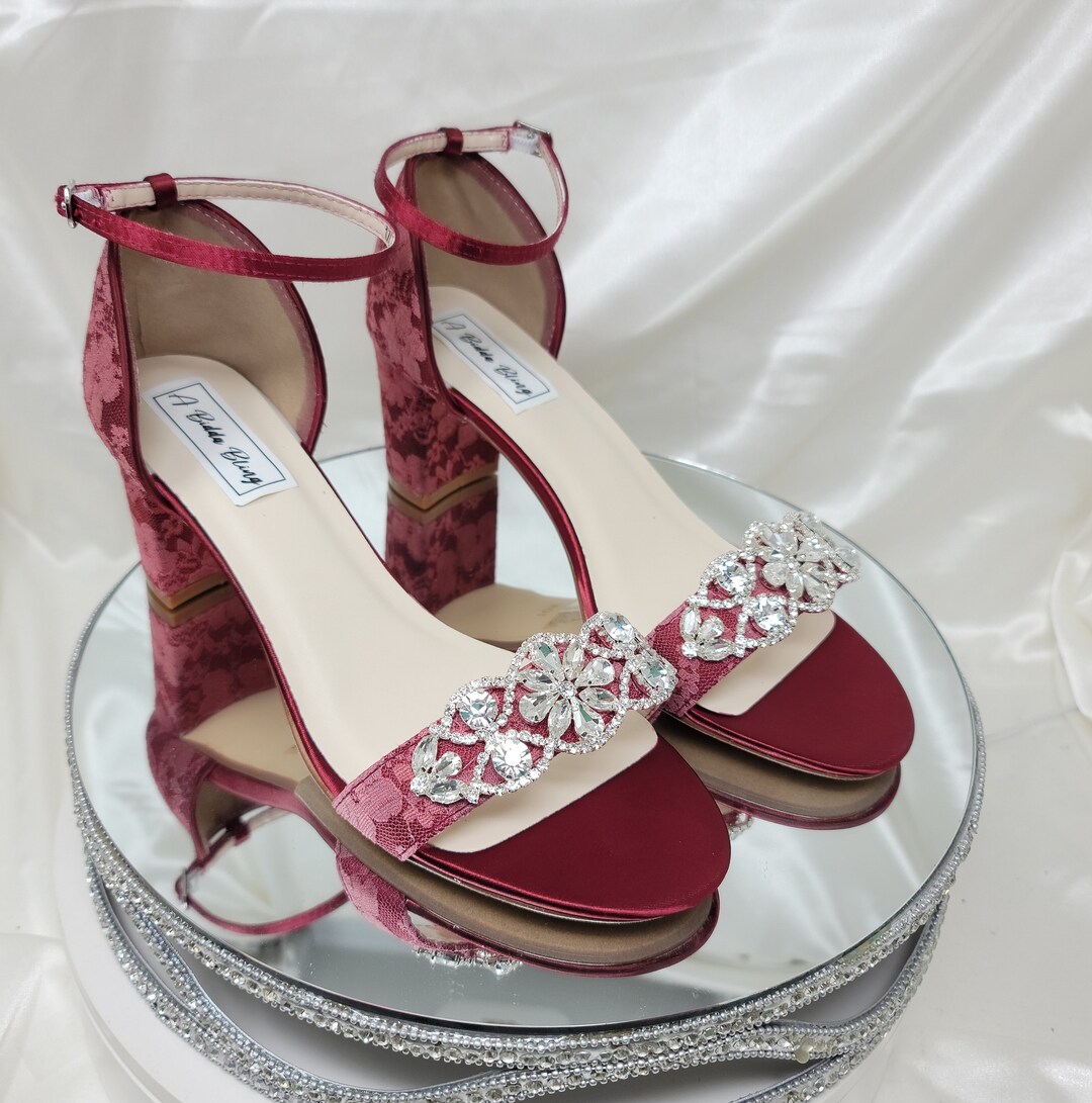 Burgundy Lace Bridal Shoes With Crystal Front Design Burgundy Chunky ...