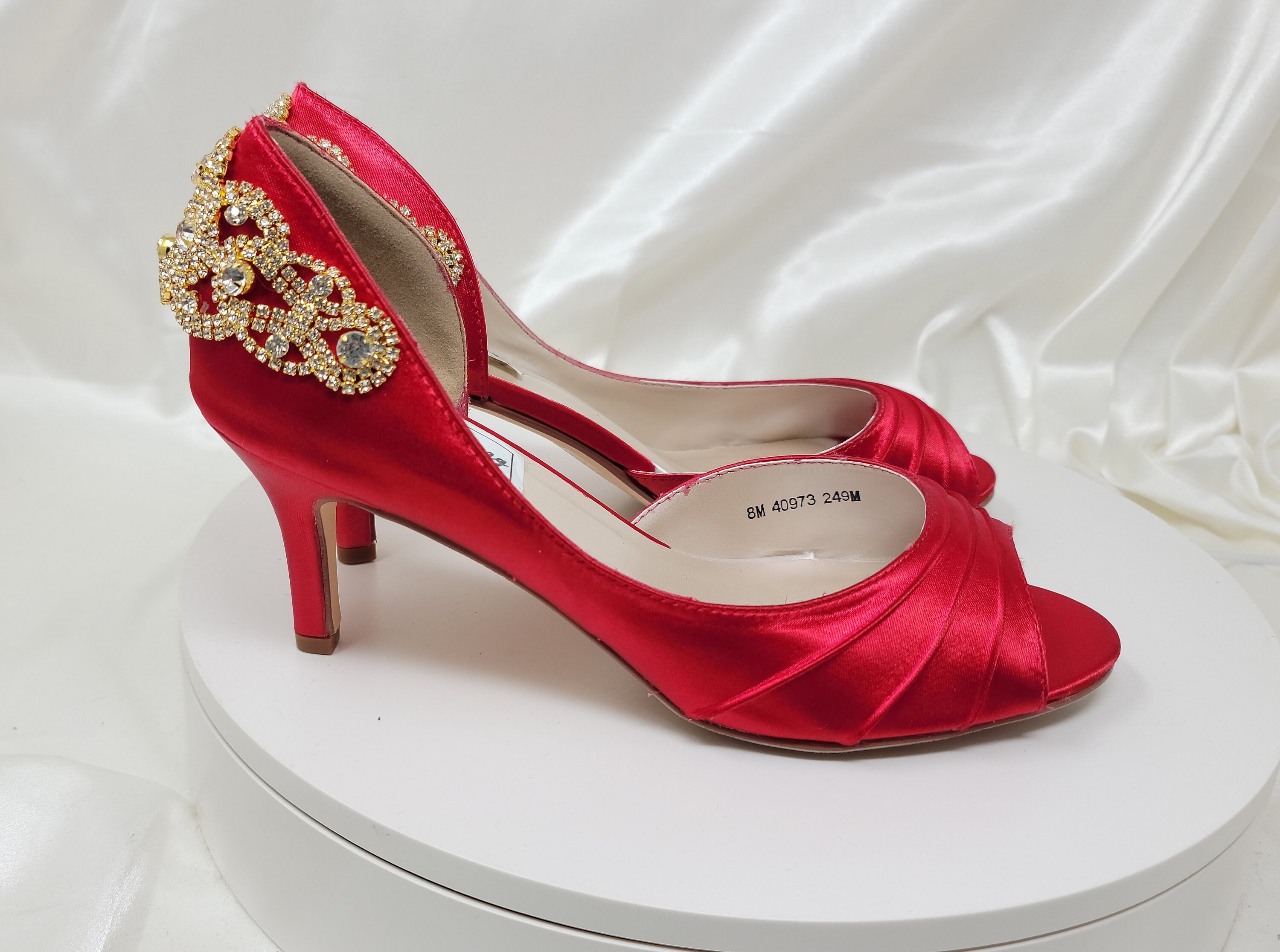 Red Wedding Shoes With Sparkling Gold Crystal Back Design Red Bridal ...
