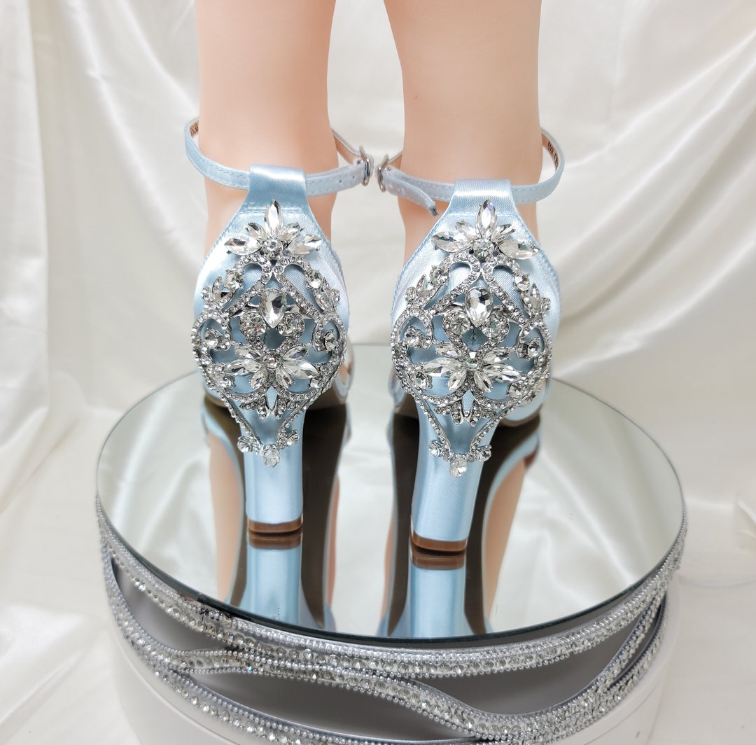 Baby Blue Bridal Shoes All Crystals Chunky Heels Baby Blue Block Heel ...