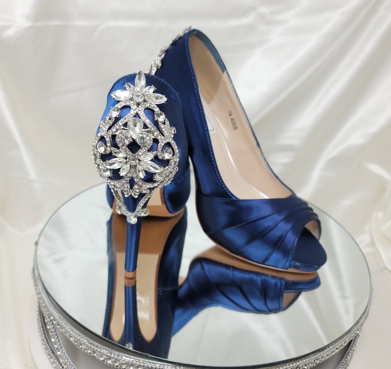 Navy Blue Bridal Shoes With Crystal Heel Navy Blue Wedding - Etsy