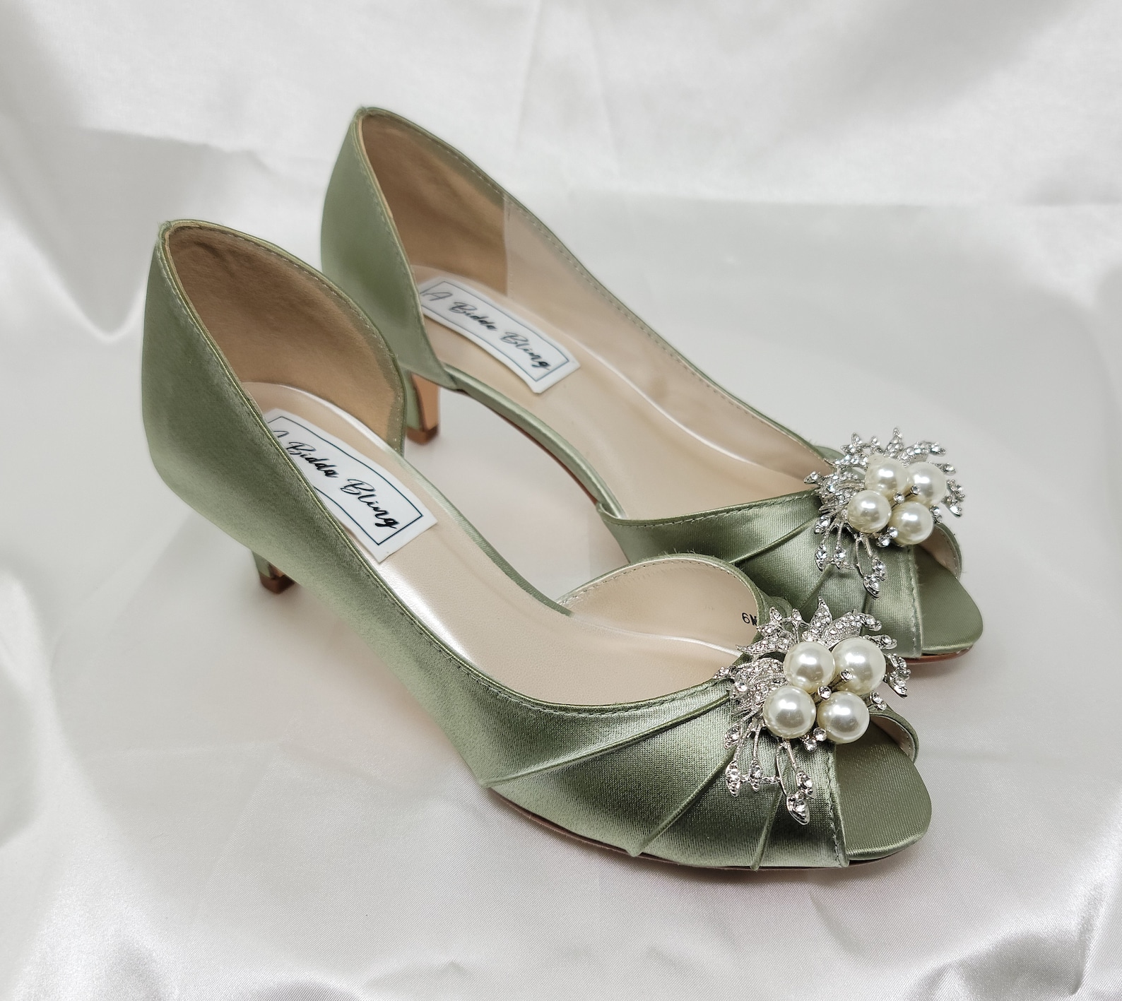 Sage Bridal Shoes With Crystal and Pearl Design Sage Green Wedding ...