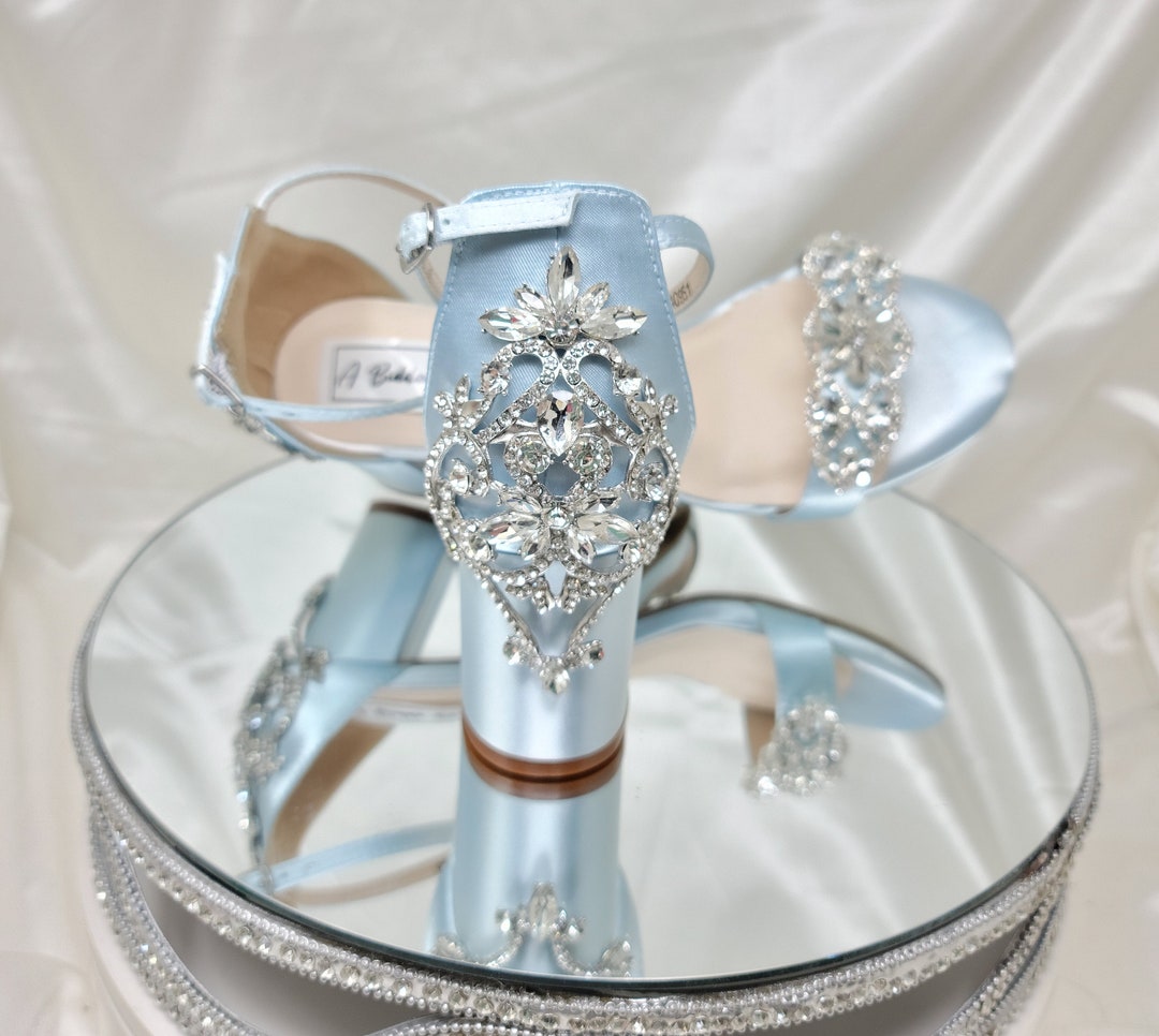 Baby Blue Block Heel Bridal Shoes With Crystal Design Baby Blue Chunky ...