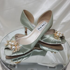 Sage Wedding Shoes With Crystal and Pearl Gold Design Sage Green Bridal ...