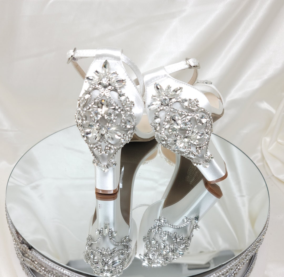 White Bridal Shoes Block Heel Crystal Design White Chunky Heels White ...