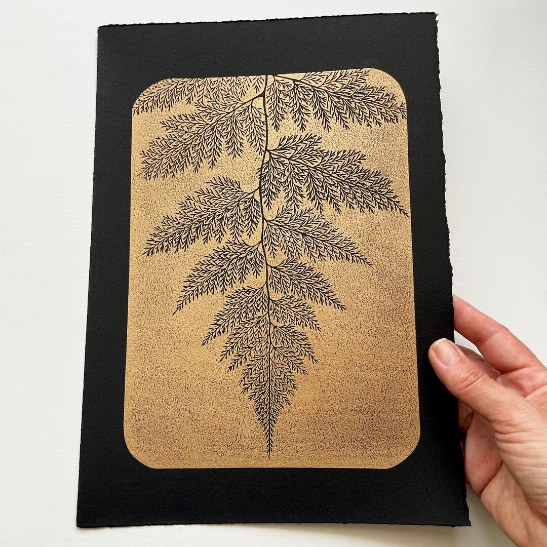 Gold Fern Block Print: Botanical Wall Art on Black Paper - Etsy