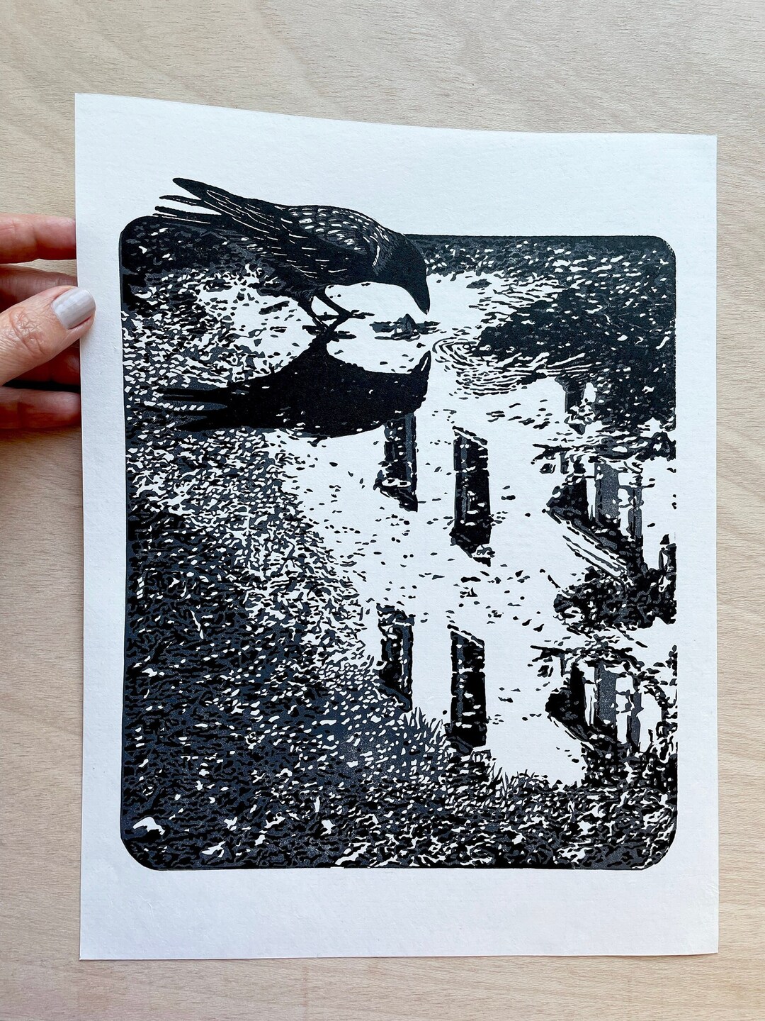 Raven Block Print. Bird in the City Original Hand Pulled Print - Etsy