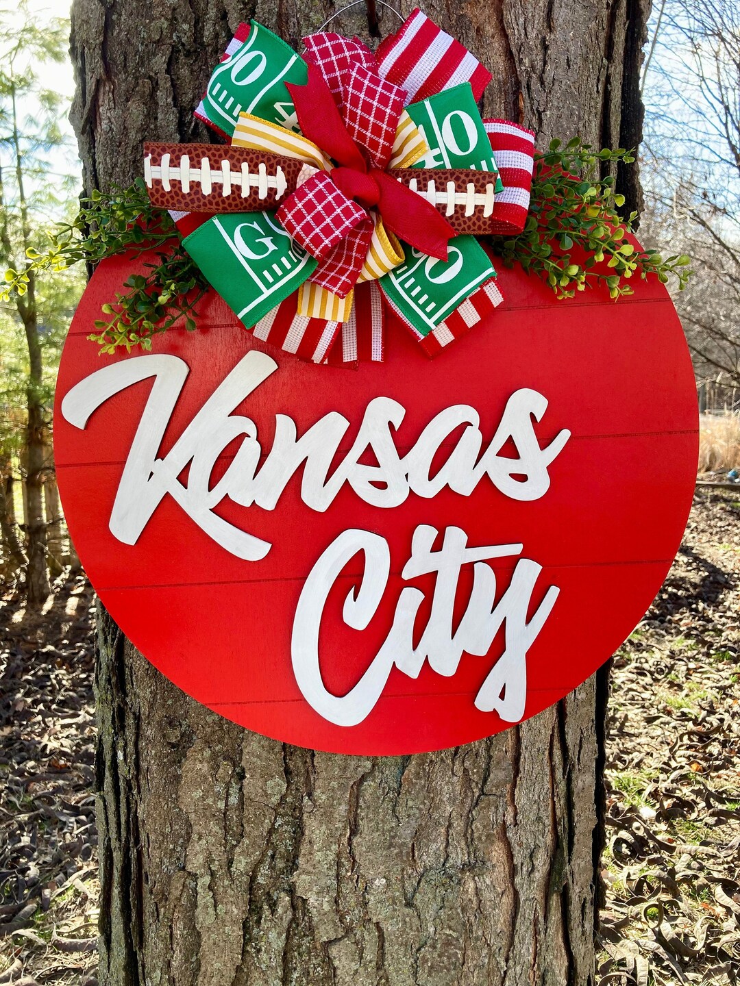 Kansas City Wooden Door Hanger Sign KC Red & Gold Wreath - Etsy