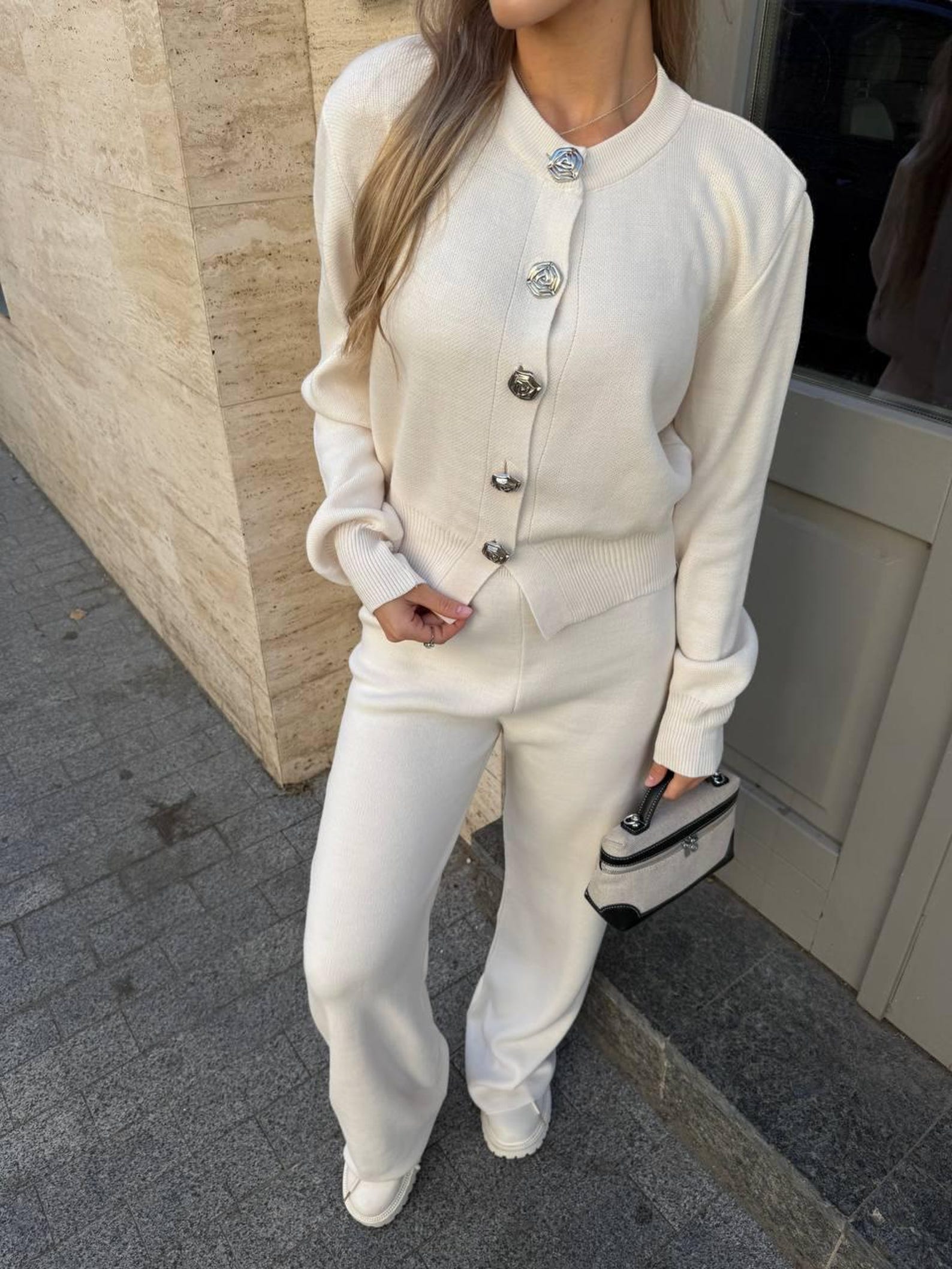 Women’s Two Piece Knit Set –button Cardigan & High Waisted Palazzo ...