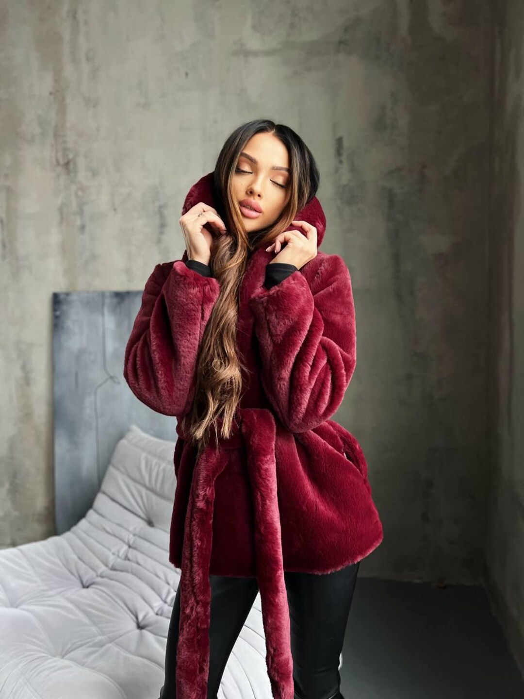 Burgundy Faux Fur Short Coat, Wide Collar, Belted Winter Jacket - Etsy