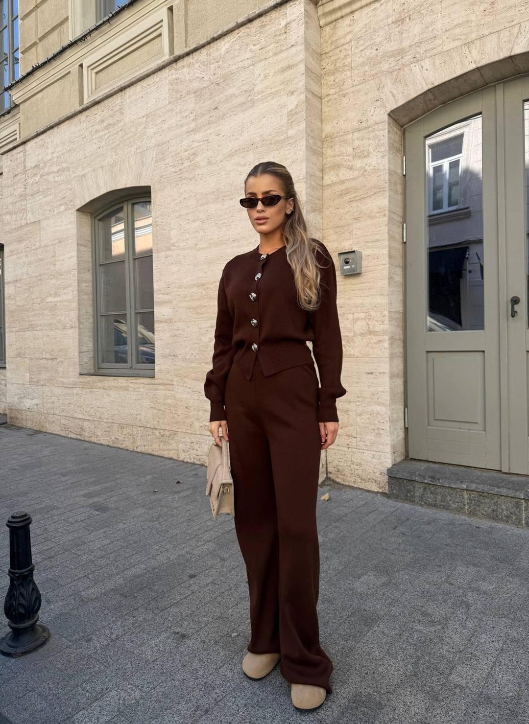 Women’s Two Piece Knit Set –button Cardigan & High Waisted Palazzo ...