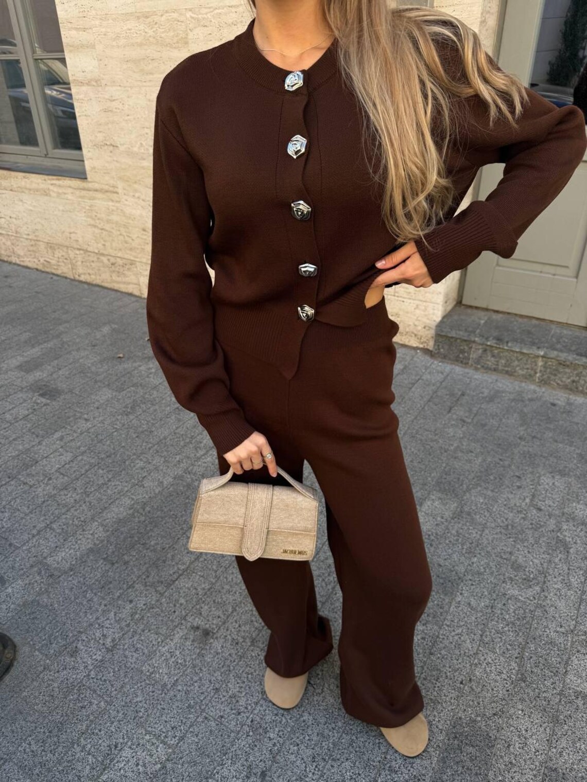 Women’s Two Piece Knit Set –button Cardigan & High Waisted Palazzo ...