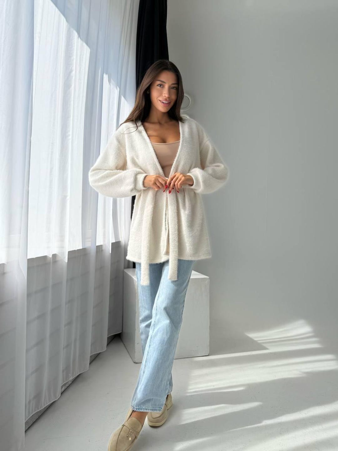 Oversized Angora Cardigan With Belt, Minimalist Fall Outfit - Etsy