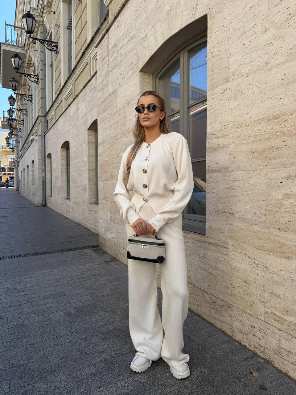 Women’s Two Piece Knit Set –button Cardigan & High Waisted Palazzo ...