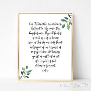 Our Father Prayer Art Print Sign, Greenery Calligraphy Christian ...