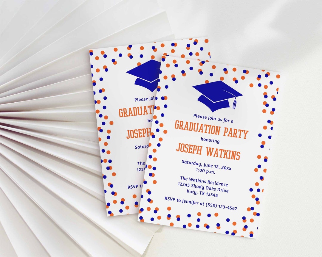 Royal Blue Graduation Party Invitation Template, Royal Blue & Orange ...