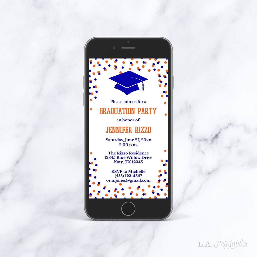 Editable Graduation Party Evite Template, Royal Blue & Orange Confetti ...