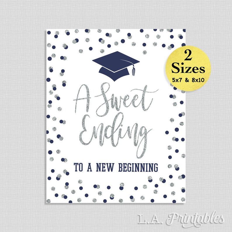 A Sweet Ending to a New Beginning Graduation Party Sign Navy | Etsy