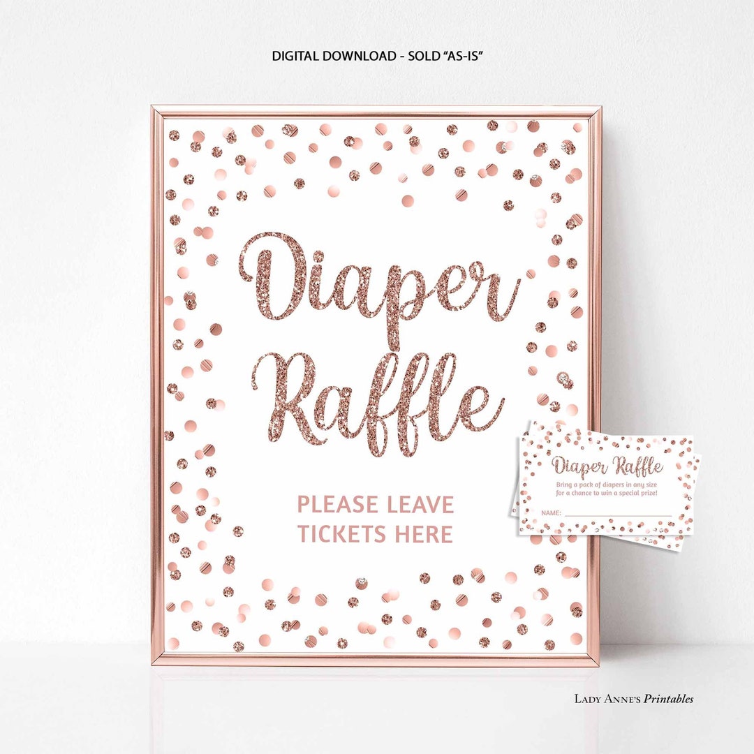 Rose Gold Diaper Raffle Tickets & Sign, Rose Gold Glitter Confetti Baby ...