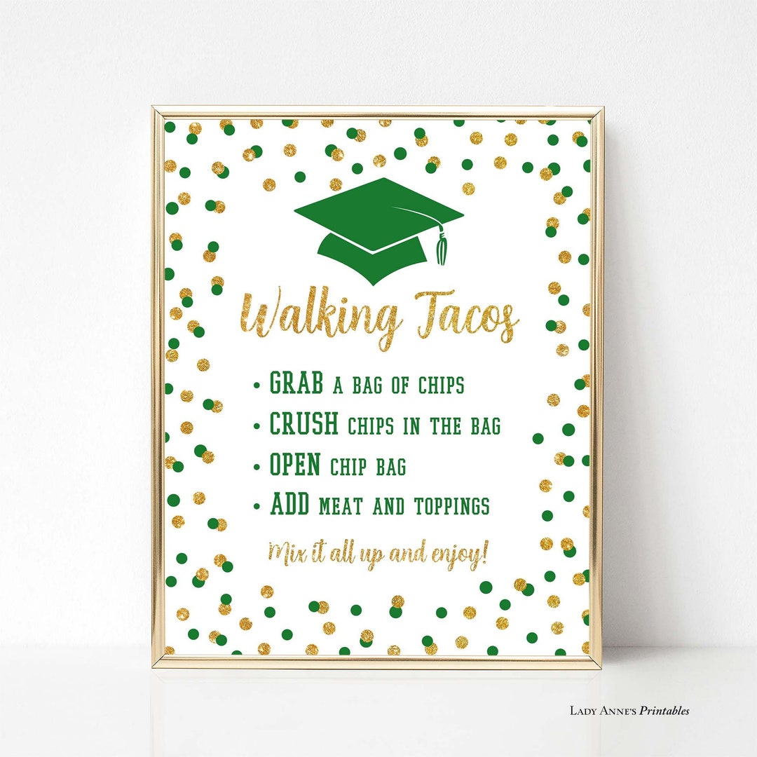 Walking Tacos Graduation Party Sign, Green & Gold Glitter Confetti, 2 ...