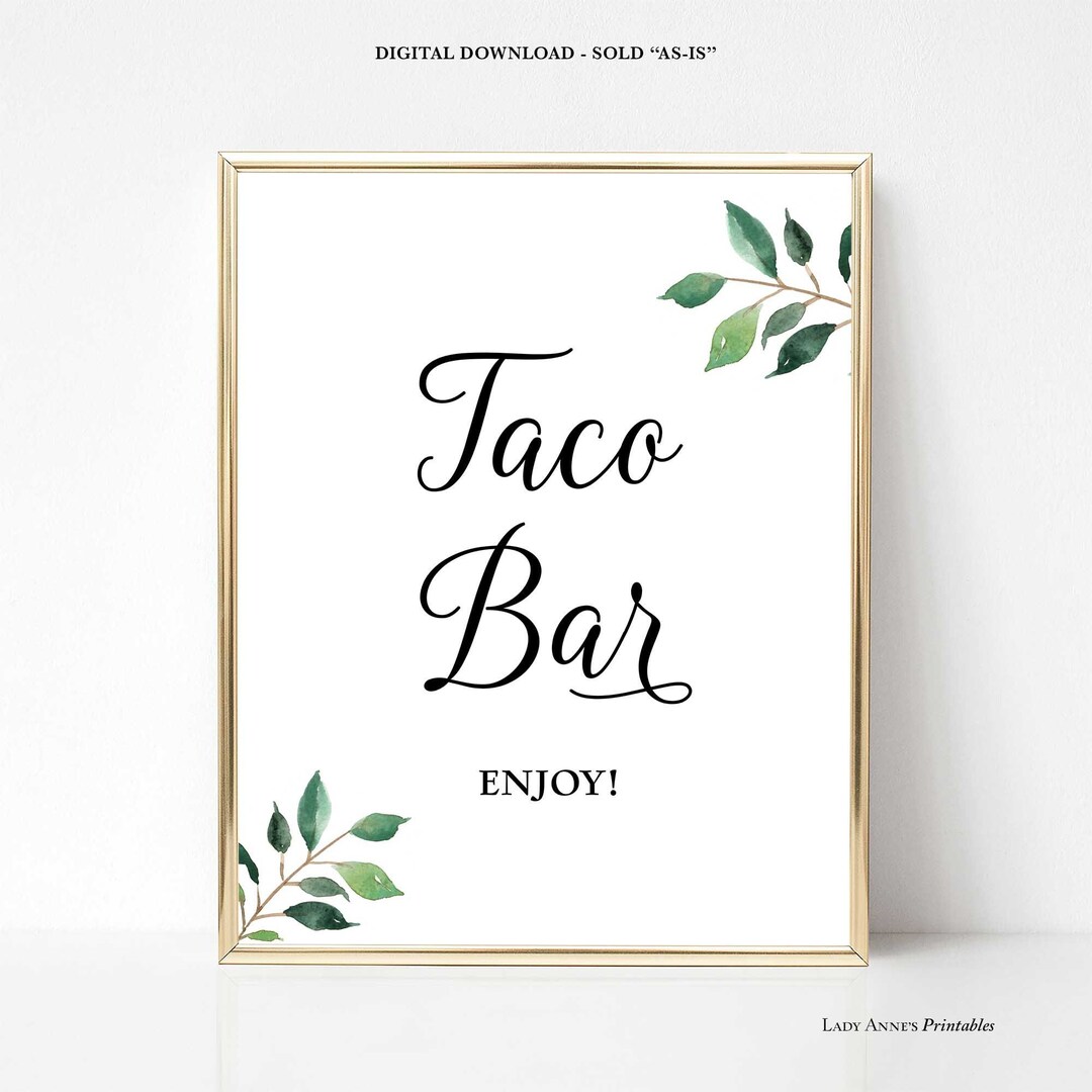 Taco Bar Party Sign, Greenery Calligraphy Bridal Shower Taco Table Sign ...
