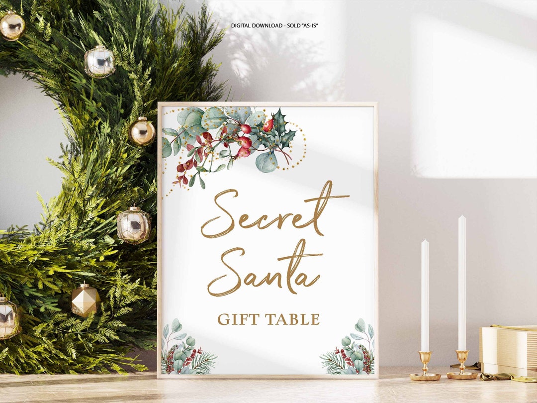 Secret Santa Gift Table Sign, Winter Christmas Berries Xmas Party Sign ...