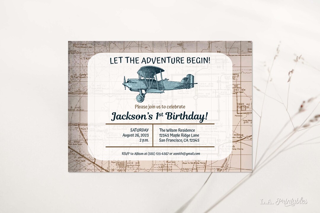 Airplane Birthday Adventure Invitation Template, Vintage Travel ...