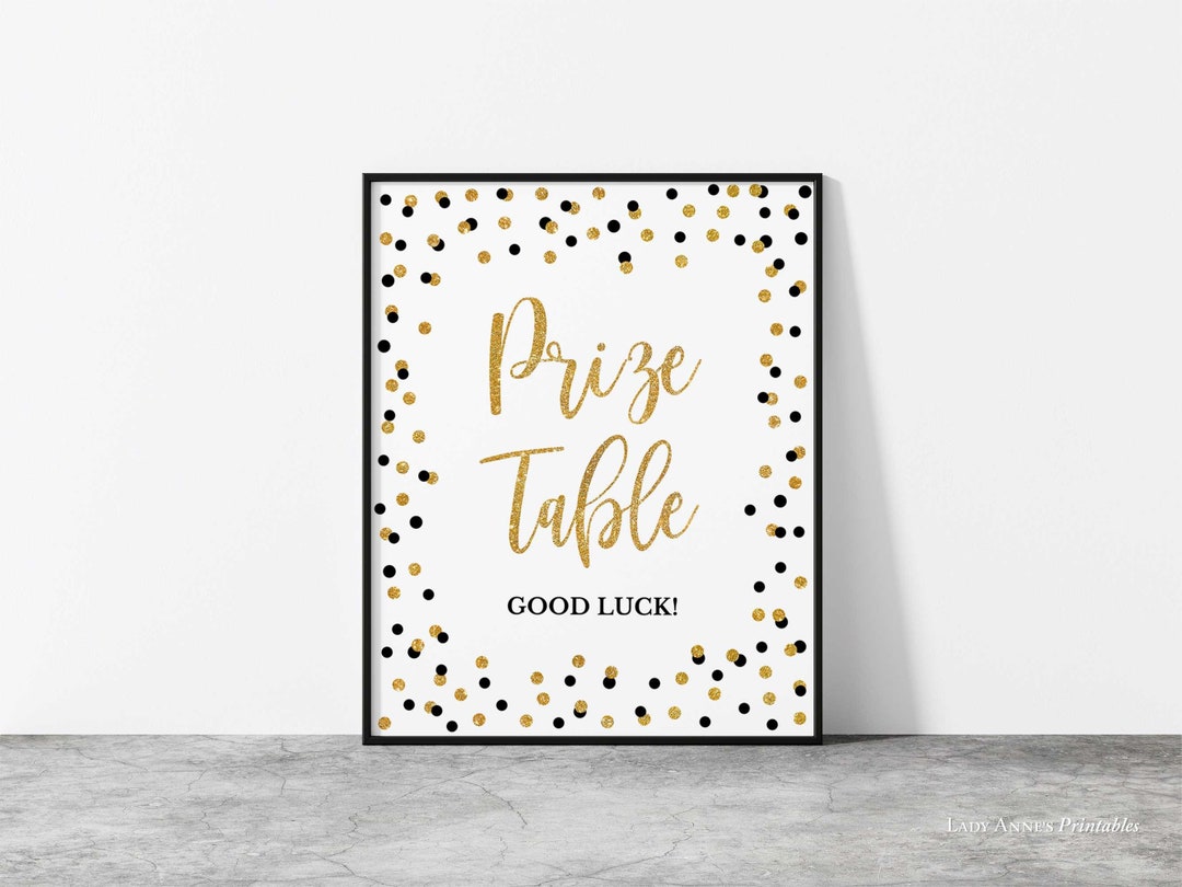 Prize Table Shower or Party Sign, Black & Gold Glitter Confetti Shower ...