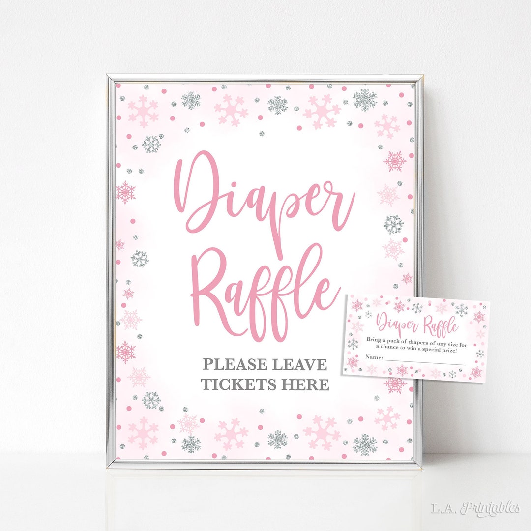 Winter Diaper Raffle Tickets & Sign, Pink and Silver Glitter Snowflakes ...