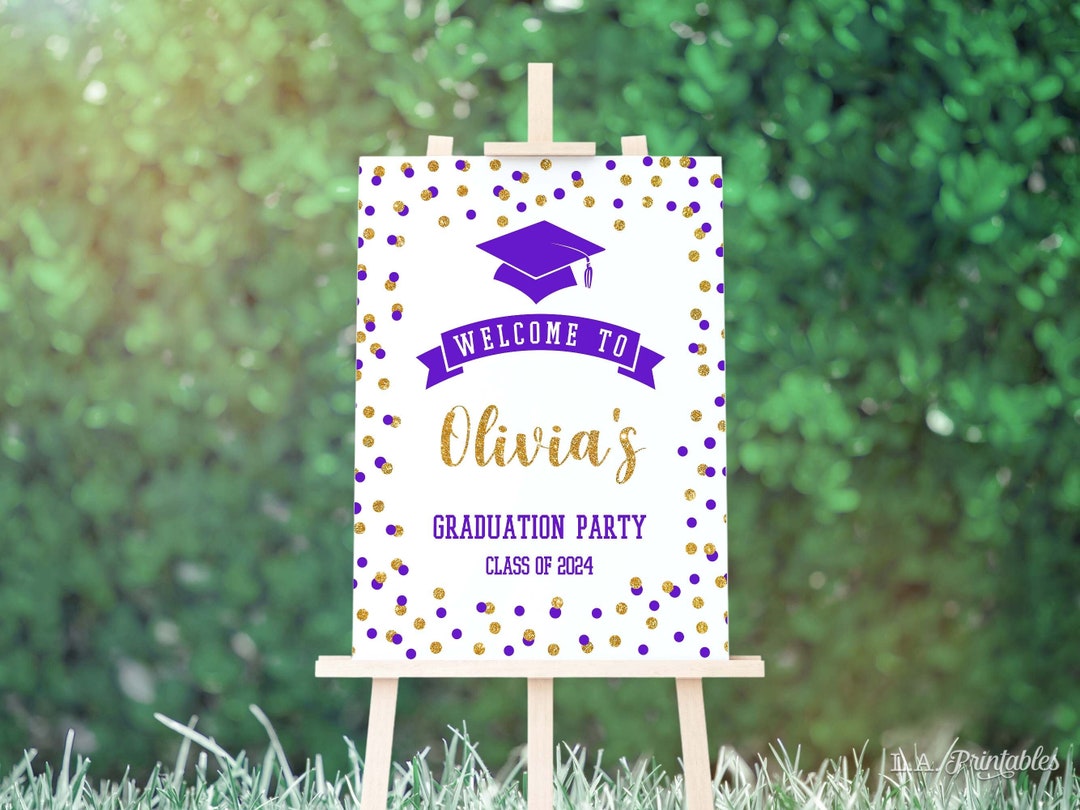 Purple Graduation Welcome Sign Editable Template, Purple & Gold Glitter ...
