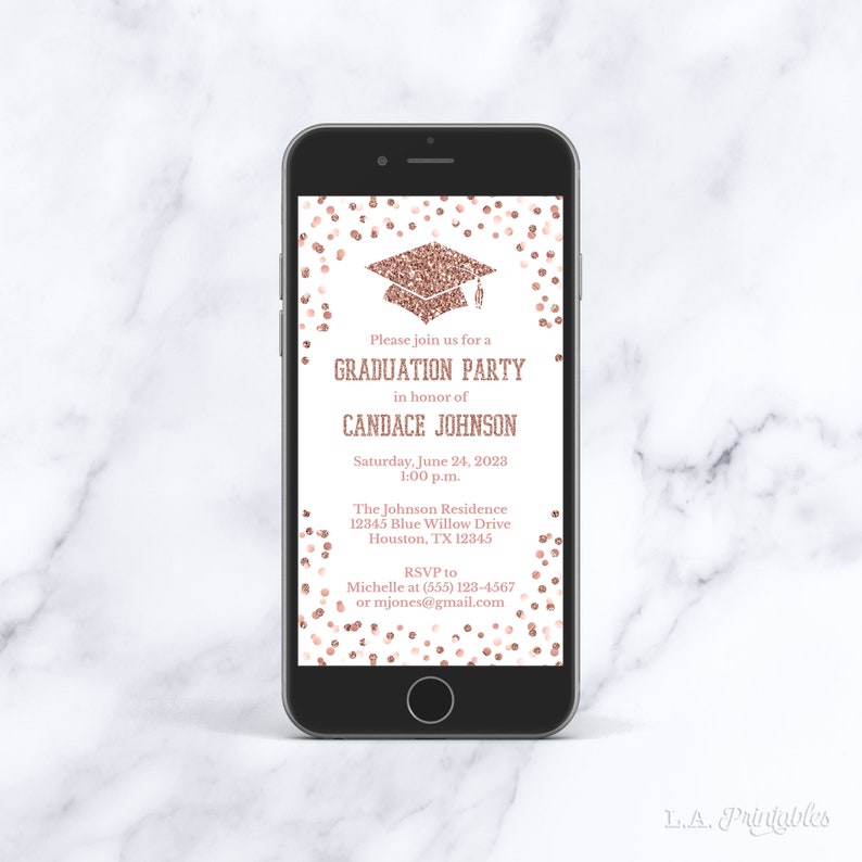 Rose Gold Graduation Party Evite Template Rose Gold Glitter - Etsy