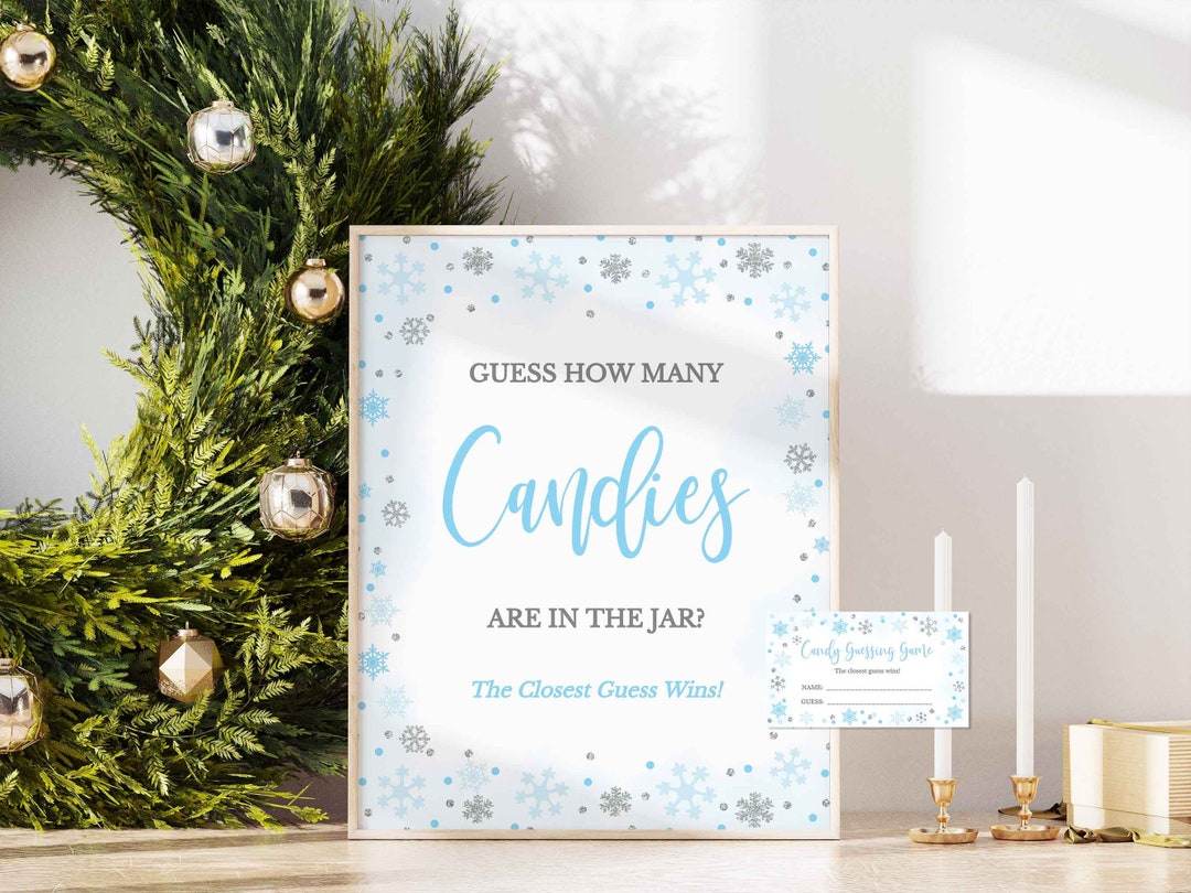 Winter Candy Guessing Game Sign & Tickets, Blue and Silver Glitter ...