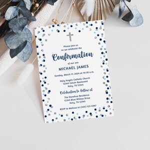 Blue Confirmation Invitation Template, Dark & Light Blue Silver Glitter ...