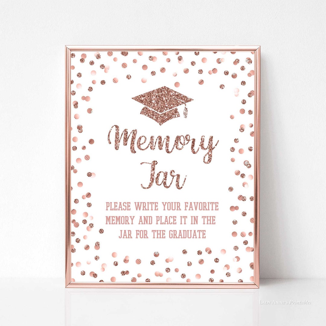 Memory Jar Graduation Party Sign, Rose Gold Glitter Confetti Grad Party ...