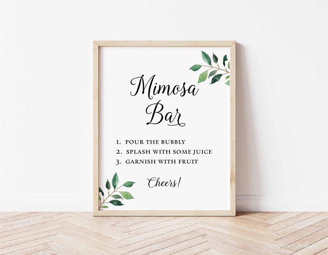 Mimosa Bar Party or Shower Sign Template, Greenery Calligraphy Editable ...