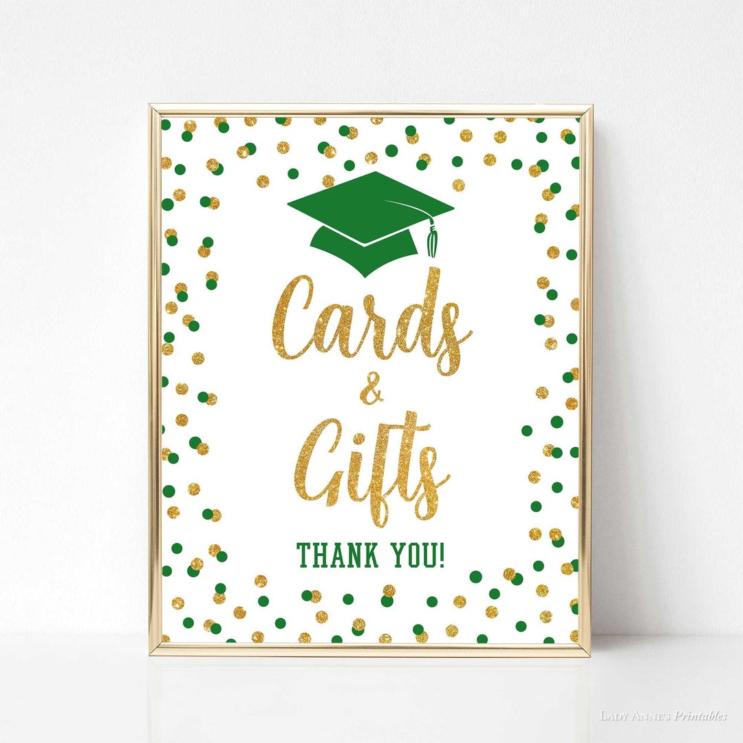 Cards and Gifts Graduation Party Sign, Green & Gold Glitter Confetti ...