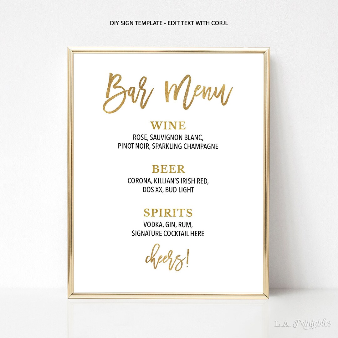 EDITABLE Elegant Gold Bar Menu Sign Template, Gold Bridal Shower, Gold ...