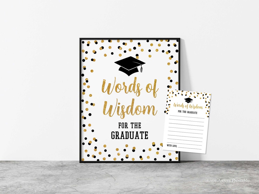Words of Wisdom Graduation Party Sign, Black & Gold Glitter Confetti ...