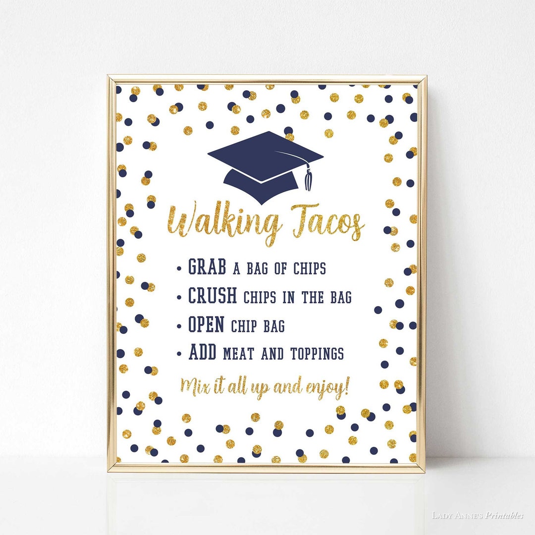 Navy Walking Tacos Graduation Party Sign, Navy & Gold Glitter Confetti ...