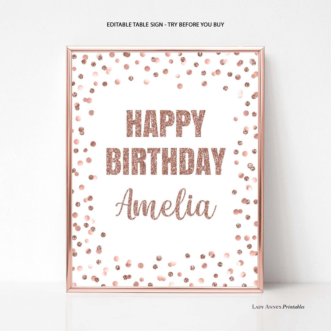 EDITABLE Happy Birthday Sign Template, Rose Gold Glitter Confetti ...