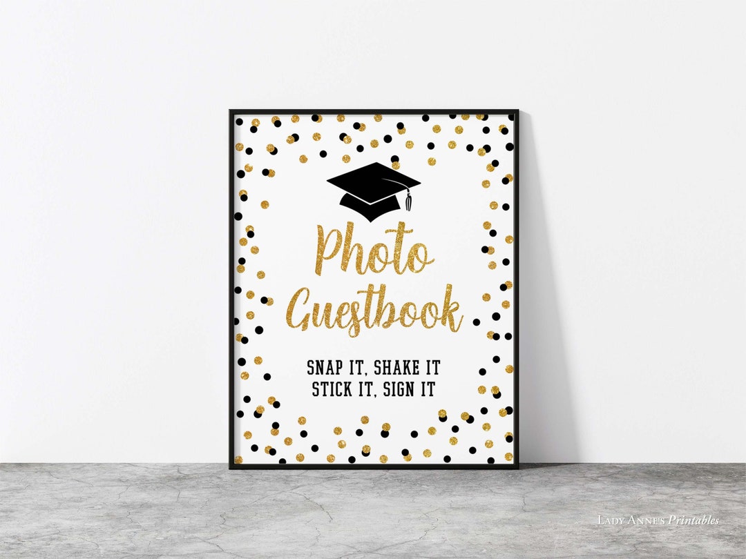 Graduation Photo Guestbook Sign, Black & Gold Glitter Confetti Grad ...