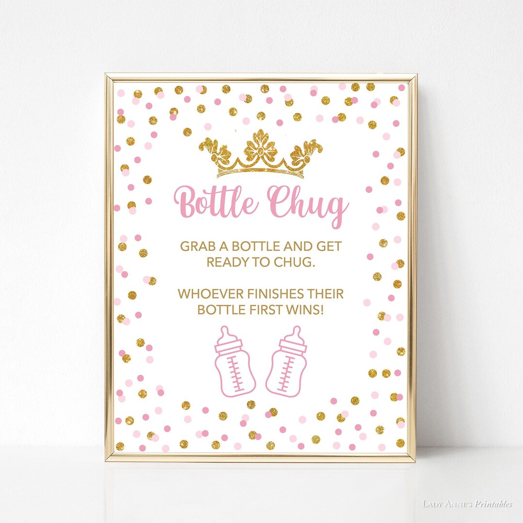Princess Bottle Chug Baby Shower Game Sign, Pink & Gold Princess Shower ...