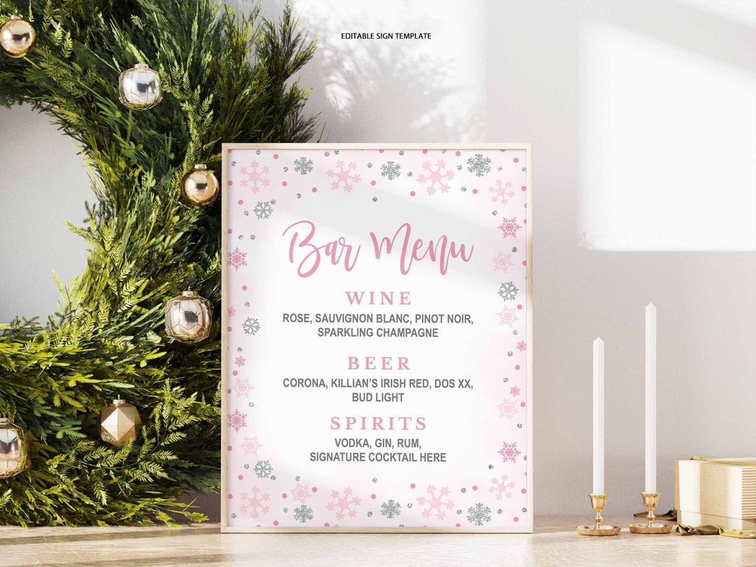 Winter Bar Menu Sign Template, Pink & Silver Glitter Snowflakes ...