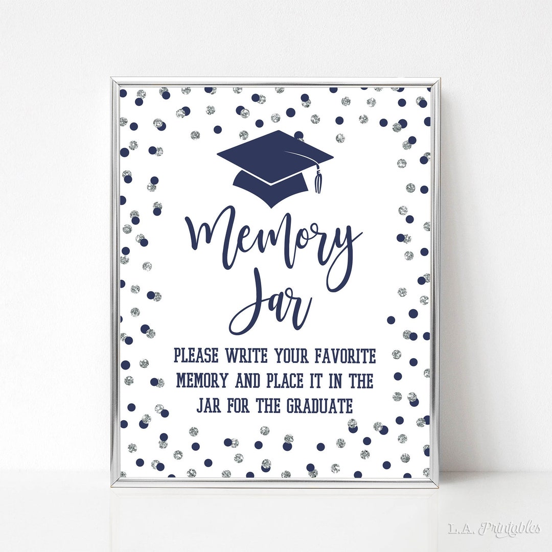 Memory Jar Graduation Party Sign, Navy & Silver Glitter Confetti Grad ...