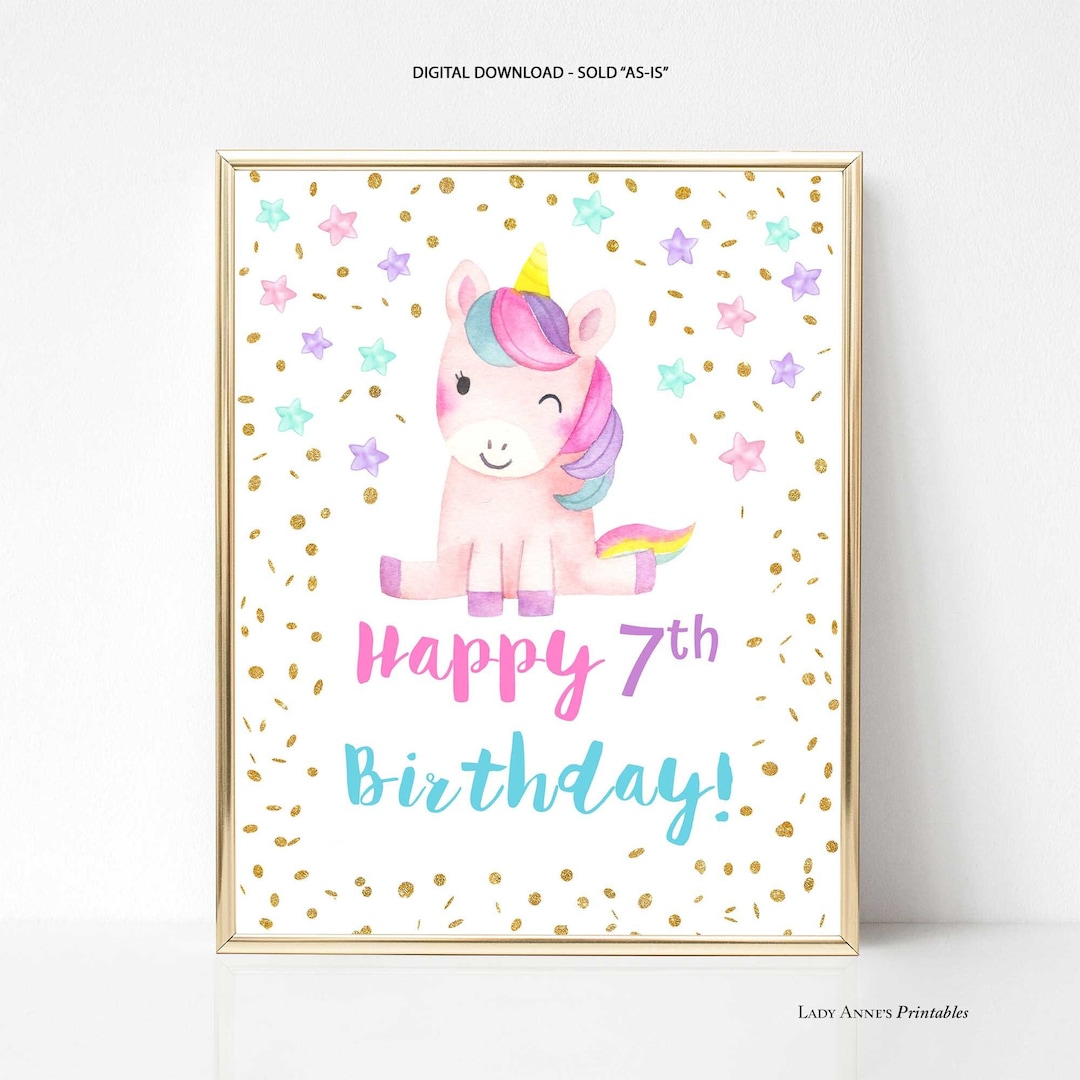 Unicorn Happy 7th Birthday Sign, Unicorn Seventh Birthday Party Sign, 2 ...