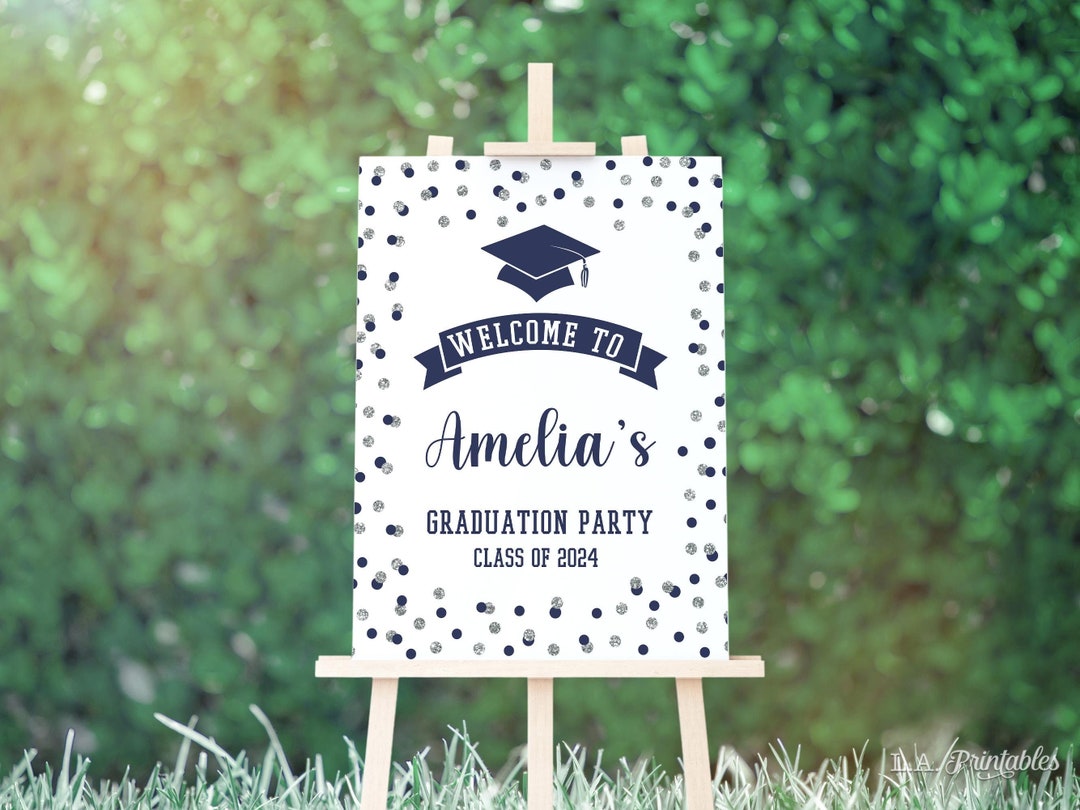 Navy Graduation Welcome Sign Template, Navy & Silver Glitter Confetti ...
